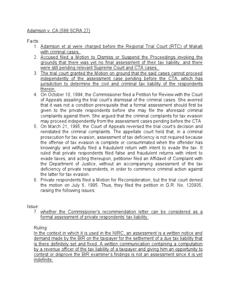 Adamson v. CA (588 SCRA 27) | PDF | Complaint | Taxes