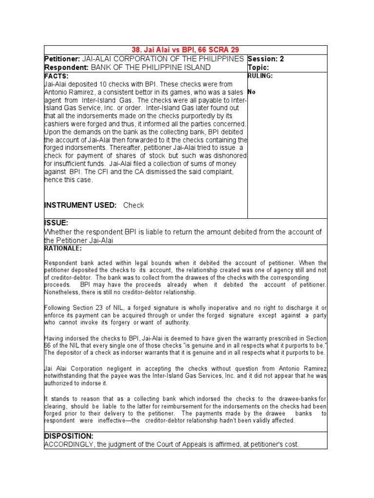 Jai Alai Vs BPI | PDF | Banks | Payments