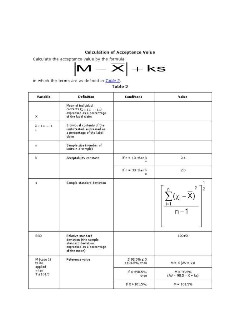Calculation of Acceptance Value | PDF | Standard Deviation | Statistics