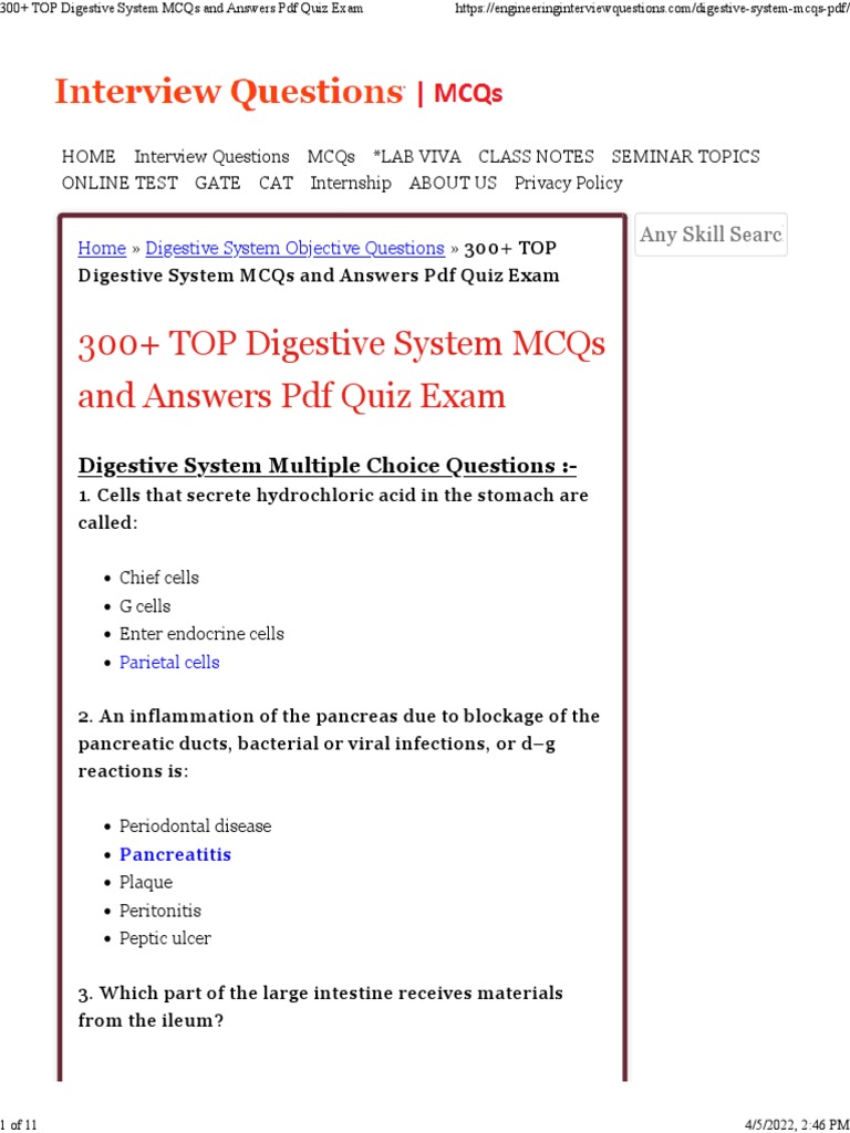 300+ TOP Digestive System MCQs and Answers PDF Quiz Exam | PDF | Human ...