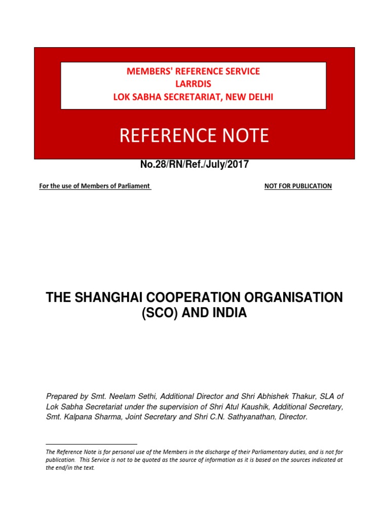 Reference Note: The Shanghai Cooperation Organisation (Sco) and India ...