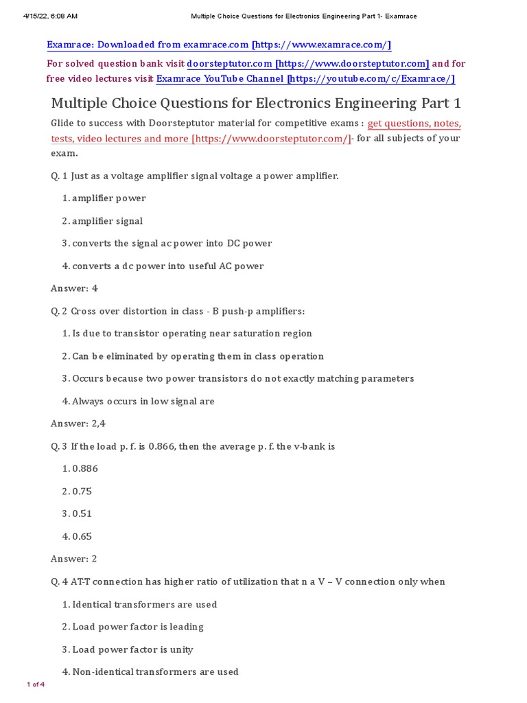 Electronics Engineering MCQs Part 1 | PDF | Amplifier | Rectifier