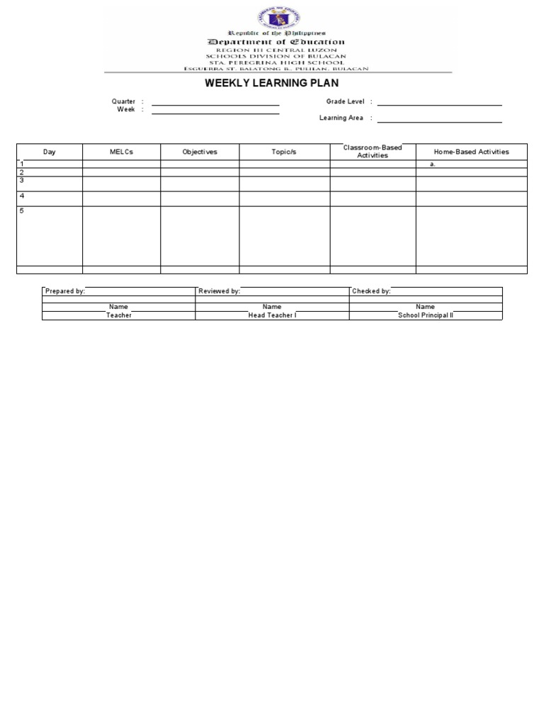 Weekly Learning Plan: Quarter: Grade Level: Week: Learning Area | PDF