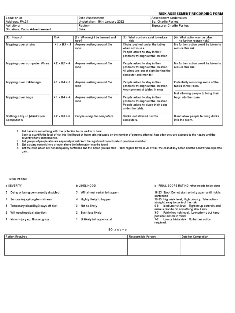 Anyone Walking Around The Room: Risk Assessment Recording Form | PDF ...
