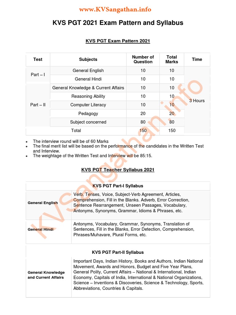 Kvsangathan - Info: Kvs PGT 2021 Exam Pattern and Syllabus | PDF ...