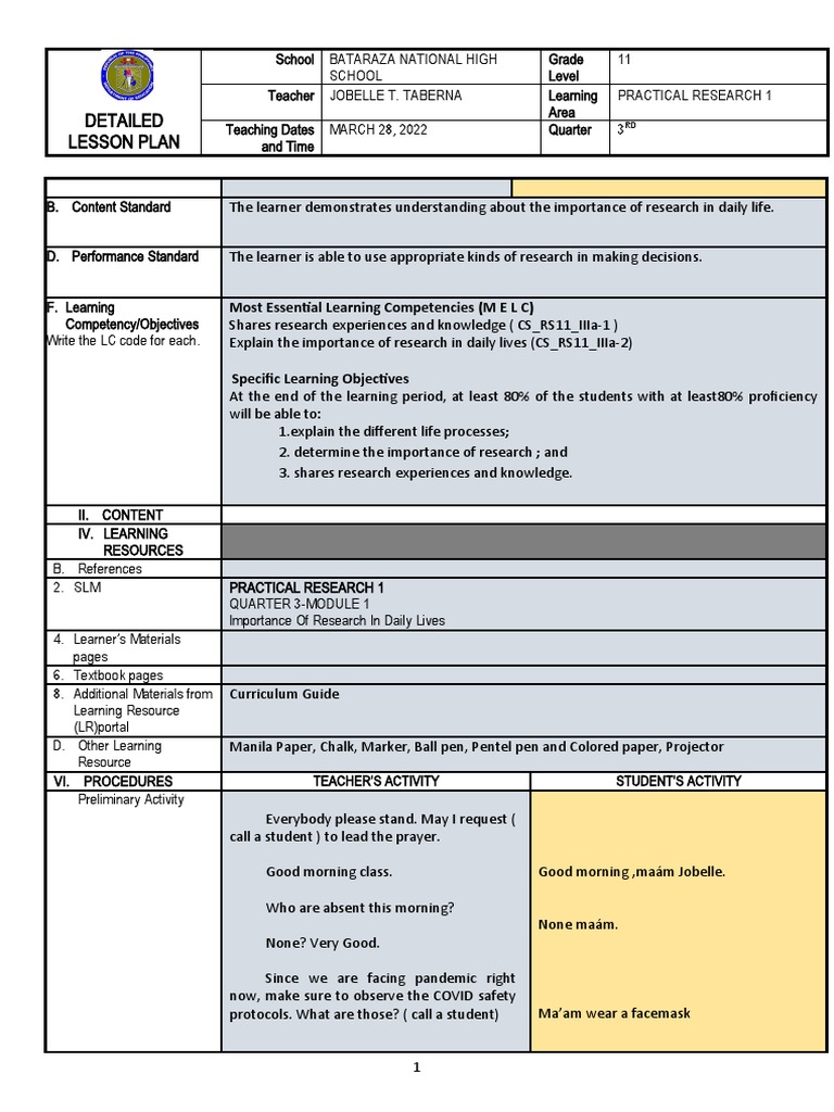 Detailed Lesson Plan: Most Essential Learning Competencies (M E L C ...