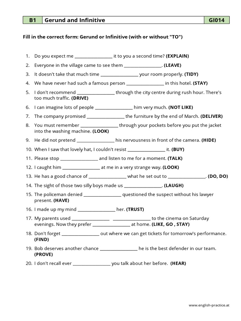 Gerund and Infinitive Practice Exercises | PDF