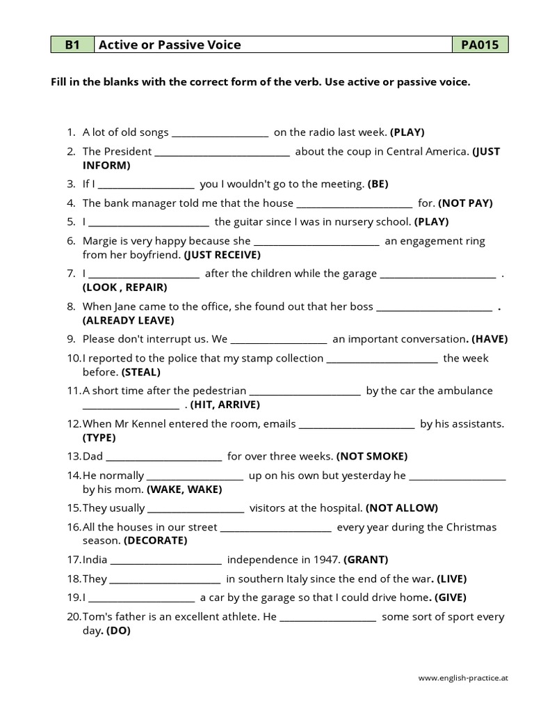 Active or Passive Voice - PDF Grammar Worksheet - B1 - PA015 | PDF
