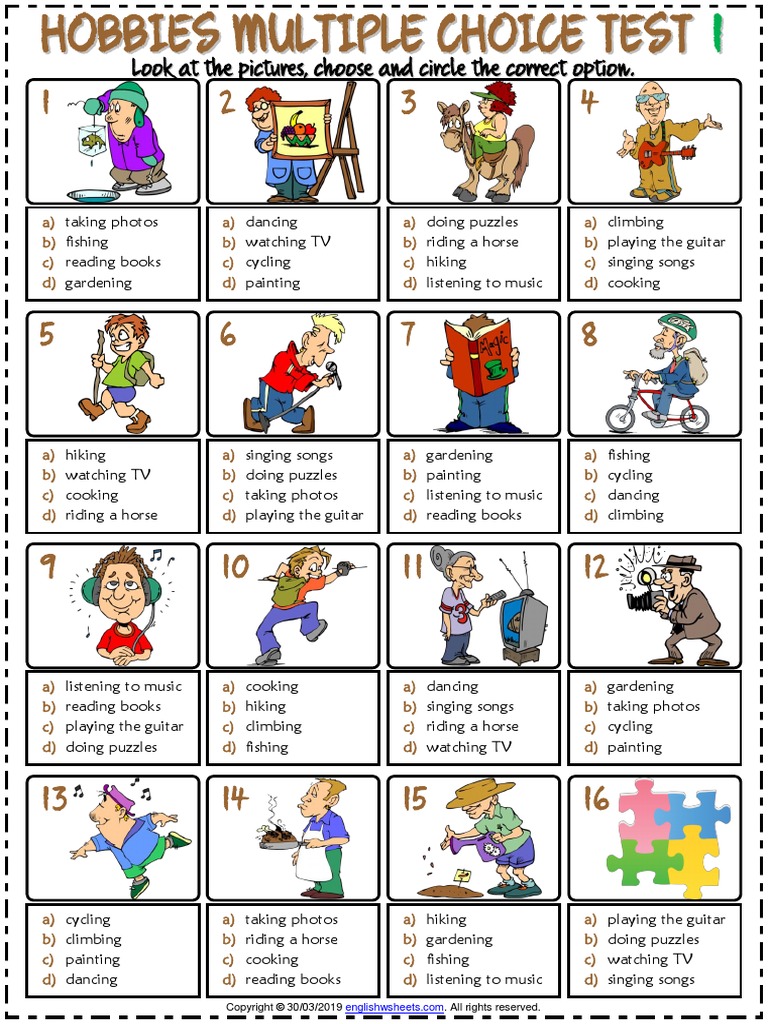 Hobbies Vocabulary Esl Multiple Choice Tests For Kids | Download Free ...
