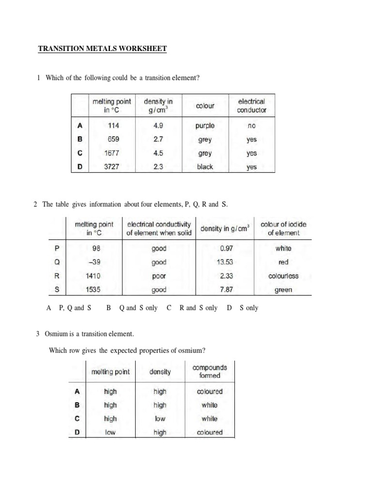 Transition Elements WS (MCQ) | PDF | Transition Metals | Metals