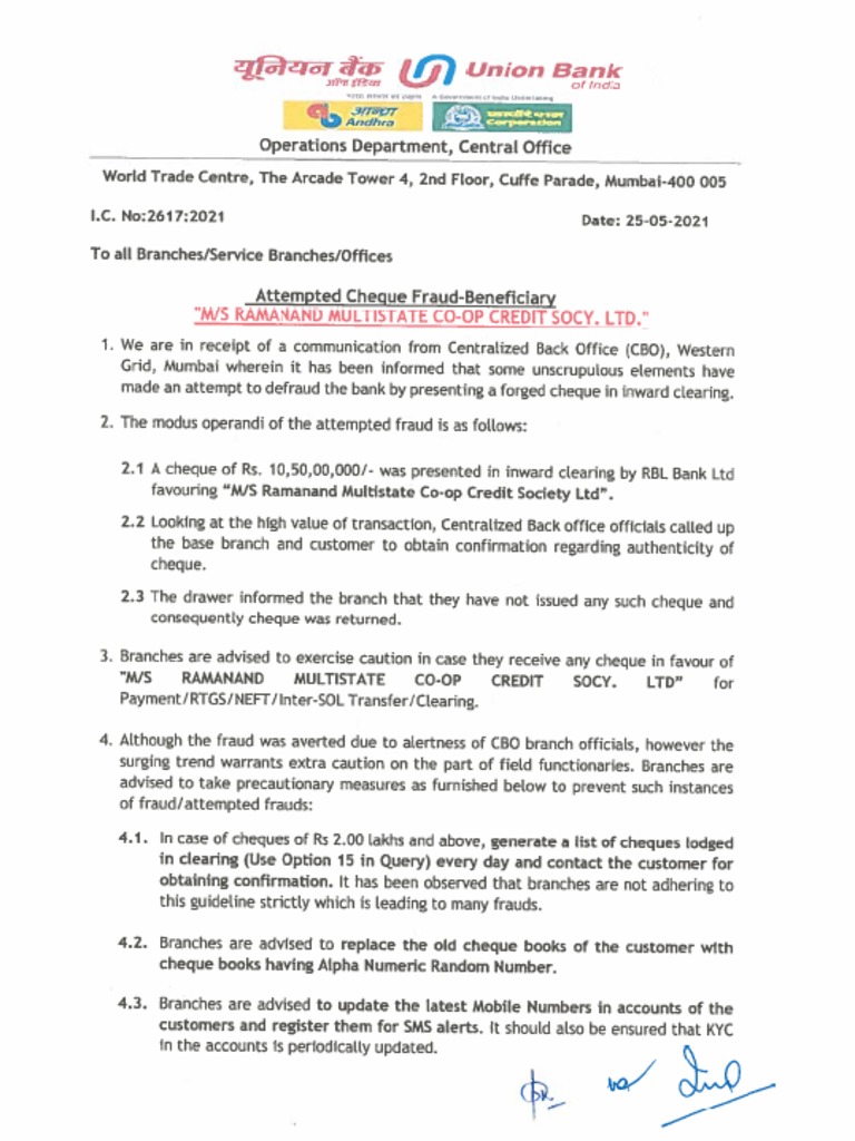 02617-2021 Attempted Cheque Fraud - Beneficiary MS Ramanand Multistate ...