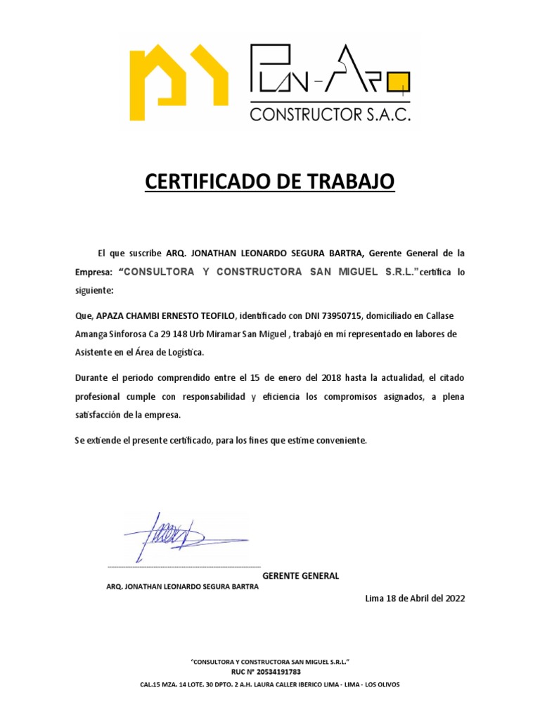 Certificado de Trabajo: Consultora Y Constructora San Miguel S.R.L." | PDF | Derecho