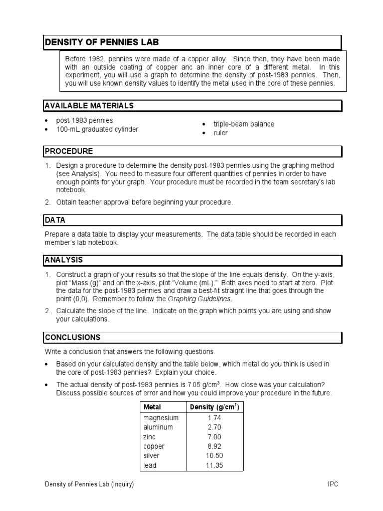Density of Pennies Lab: Available Materials | PDF