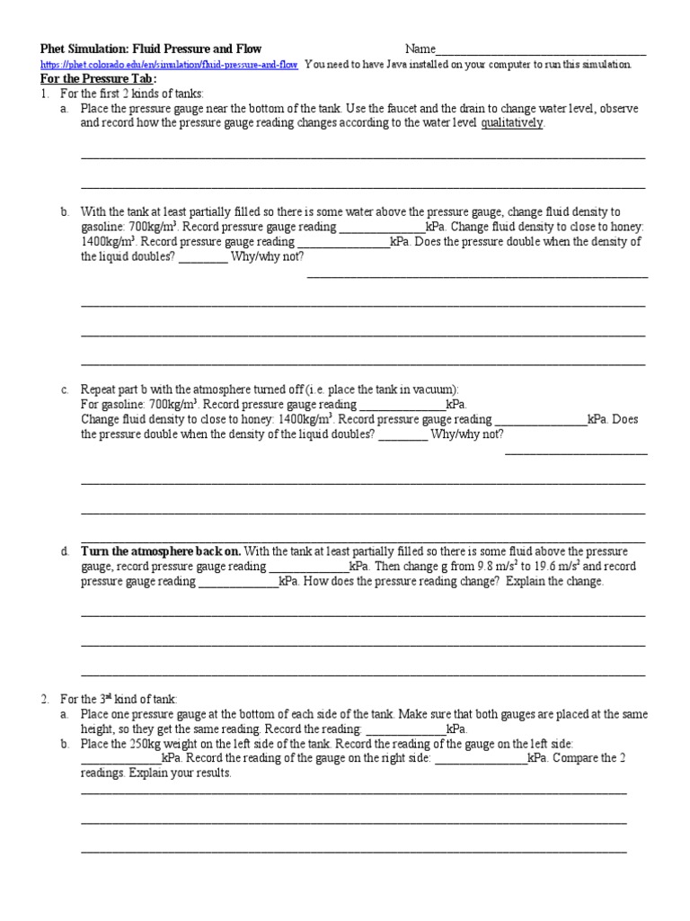 Fluid Pressure and Flow Phet Simulation Worksheet | PDF | Pressure ...