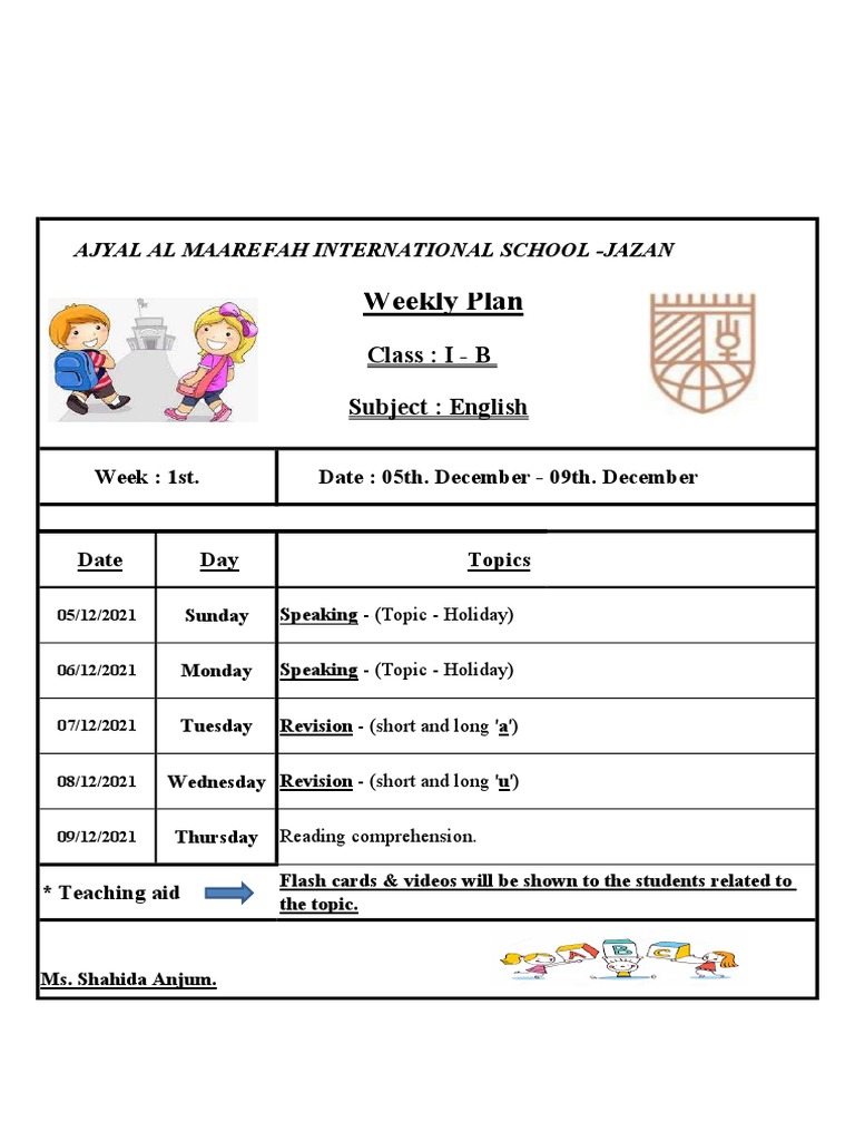 Weekly Plan - Class - I-B - Subject - English - 05-12-21 To 09-12-21 | PDF