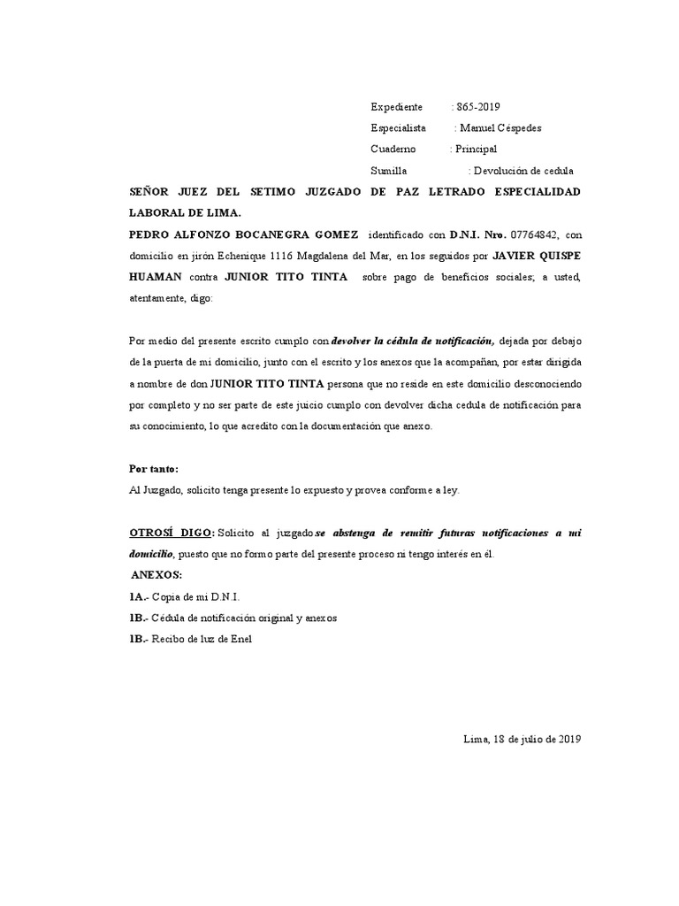 Escrito de Devolucion de Cedulas | PDF