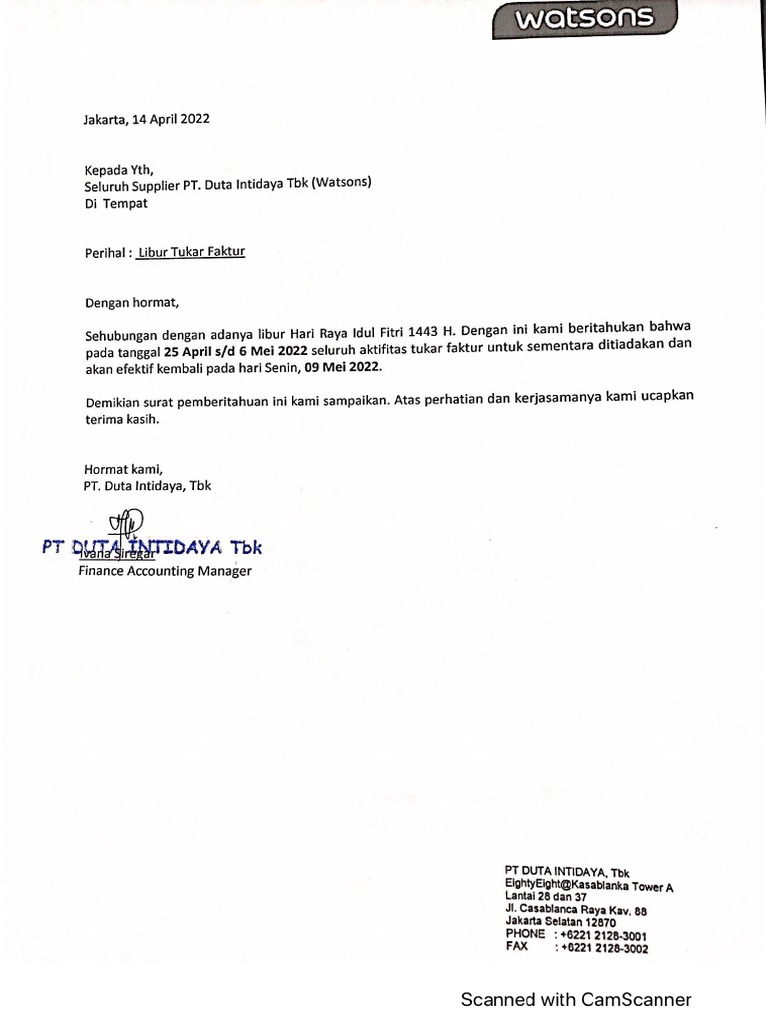 Surat Pemberitahuan Libur Tukar Faktur 2022 (Hari Raya Idul Fitri 1443 H) | PDF