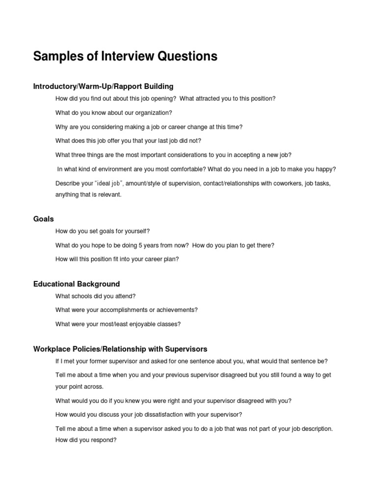 Samples of Interview Questions: Introductory/Warm-Up/Rapport Building ...