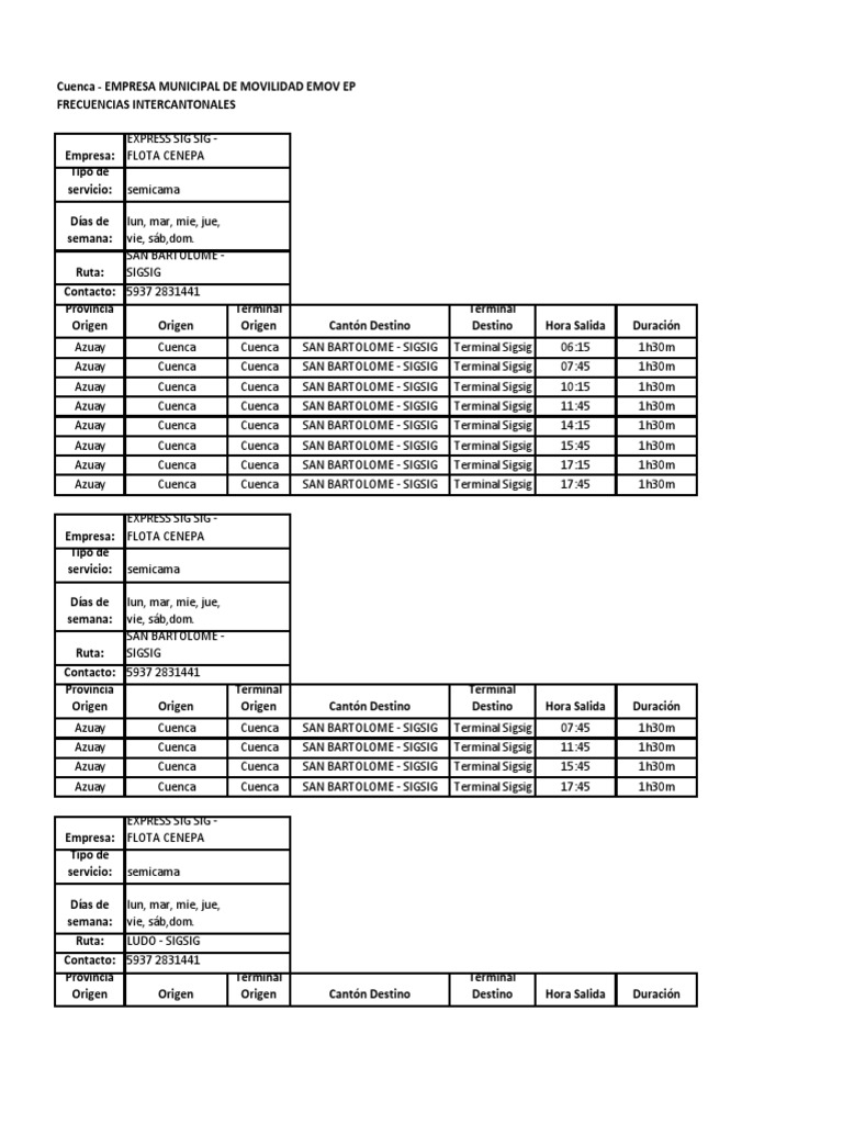 Horarios de Buses Cuenca-Sigsig | PDF | Negocios