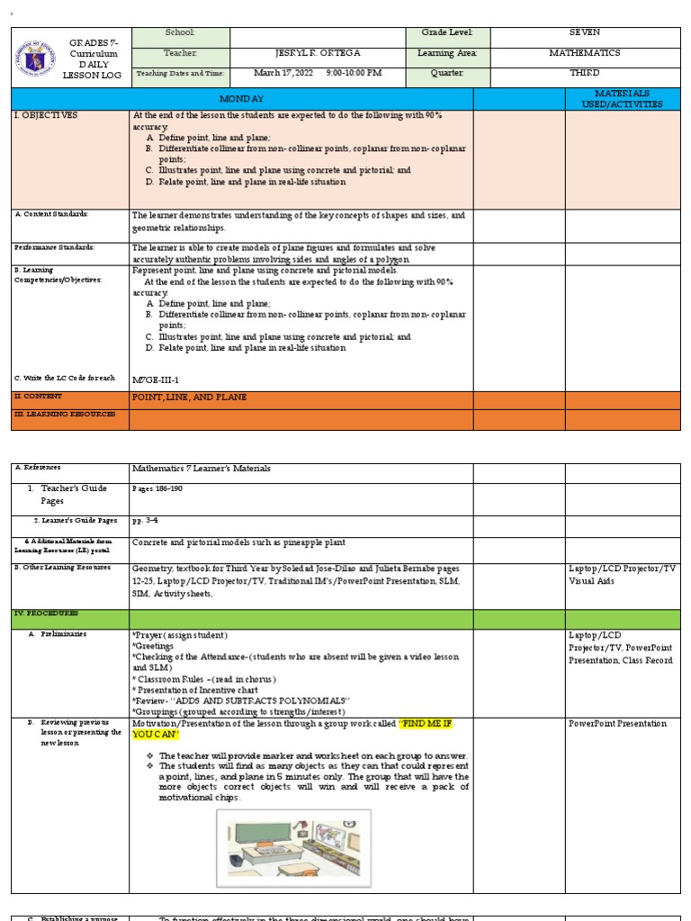 DAILY LESSON LOG in Math 7 | PDF | Line (Geometry) | Geometry