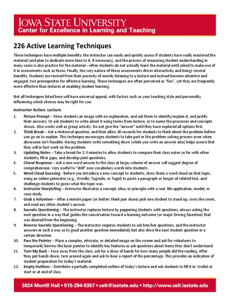 Active Learning Techniques for Instructors | PDF | Lecture | Learning
