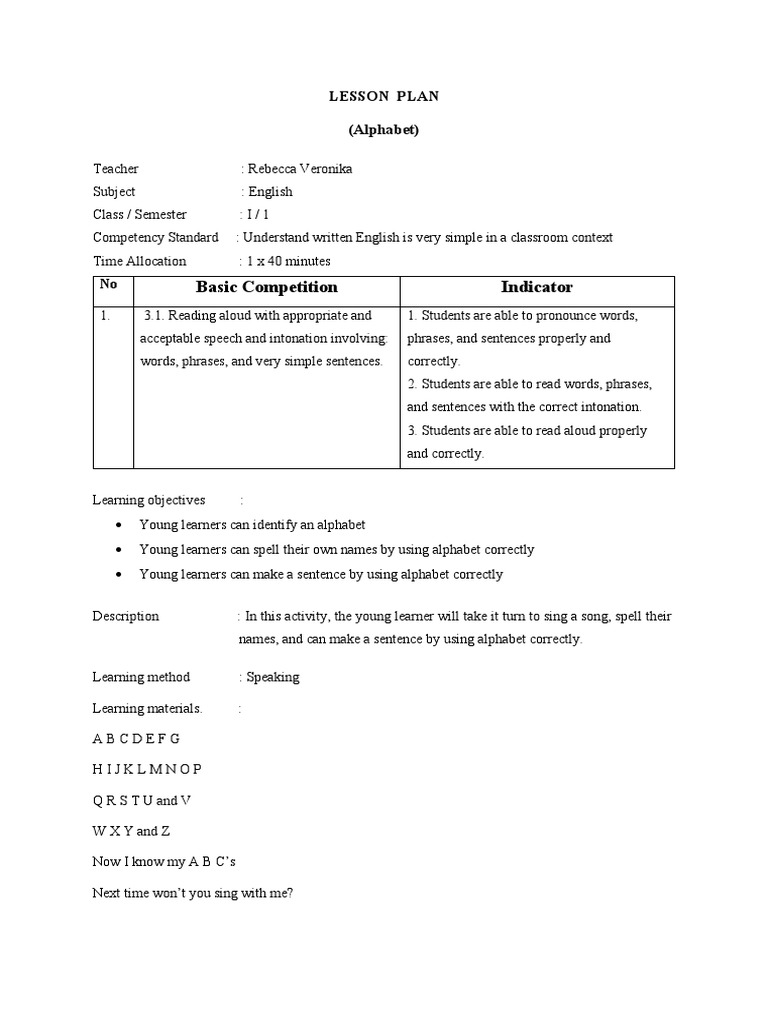 Basic Competition Indicator: Lesson Plan (Alphabet) | PDF | Learning ...