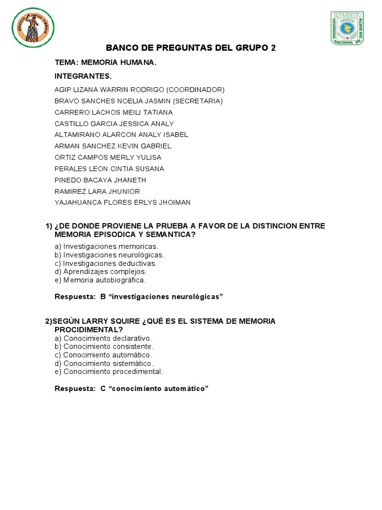 Banco de Preguntas Del Grupo 2 | PDF | Memoria | Neurociencia Cognitiva