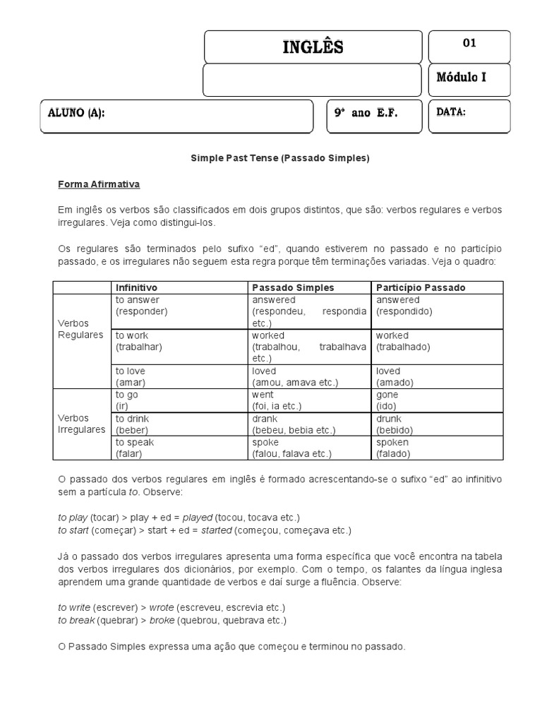 Passado Simples em Inglês: Estruturas e Exemplos | PDF | Linguística ...