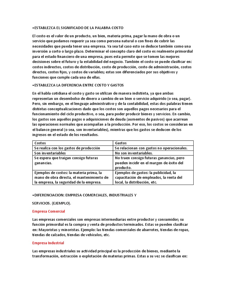 Establezca El Significado de La Palabra Costo | PDF | Costo | Business