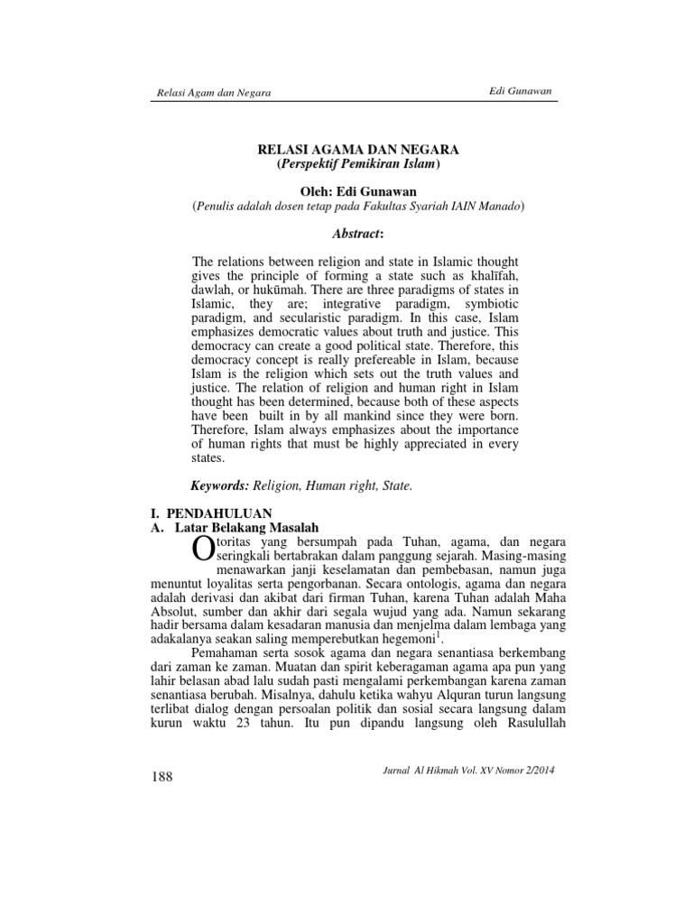 ID Relasi Agama Dan Negara Perspektif Pemikiran Islam | PDF
