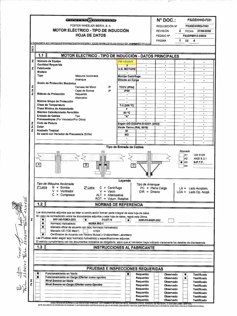 P3UDEHHHD-F031 HOJA DE DATOS MOTOR ELÉCTRICO B.T. PM-10009-R, Rev. Z | PDF