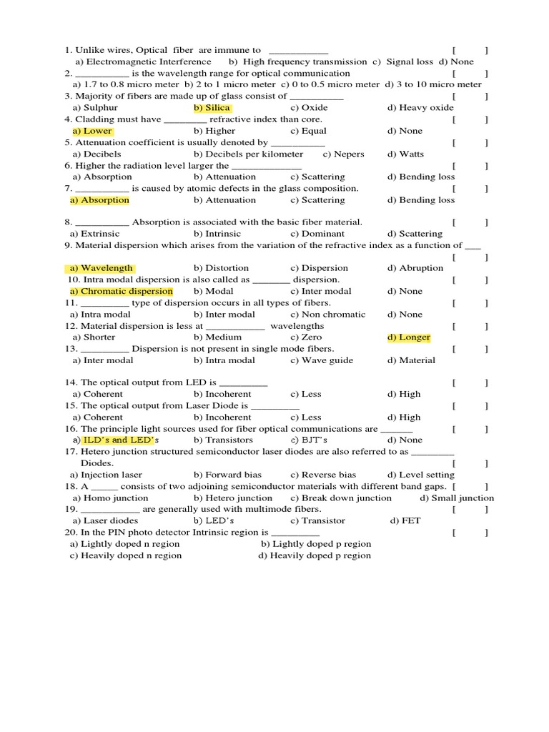 Optical Fiber Communication Quiz: Key Concepts for Fiber Optics Tests ...