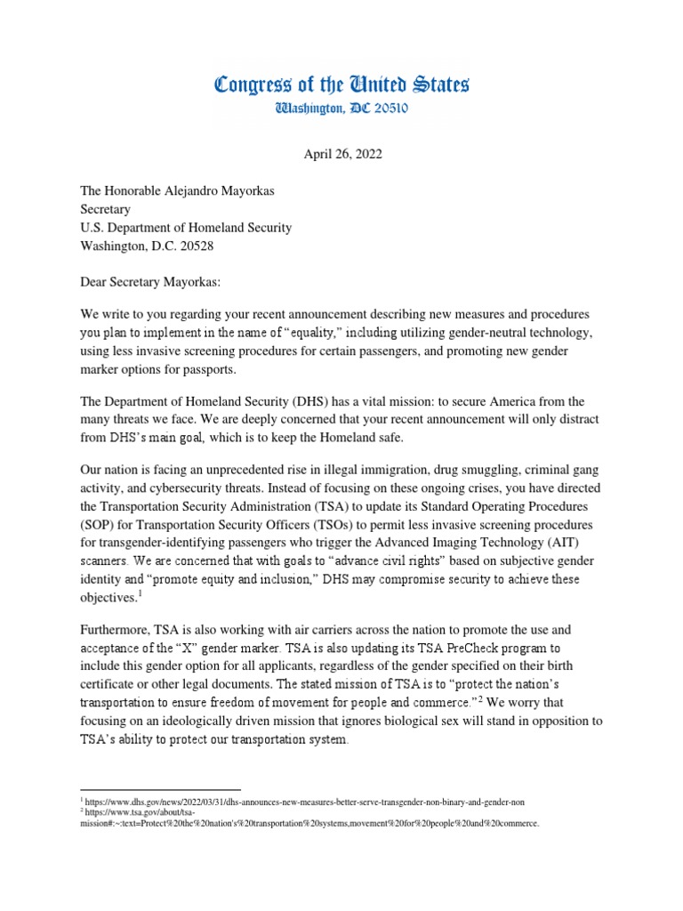 4.26 Letter To DHS On Gender Policies | PDF | Transportation Security ...