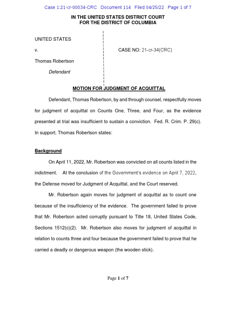 Robertson Motion For Acquittal | PDF | Acquittal | Judgment (Law)