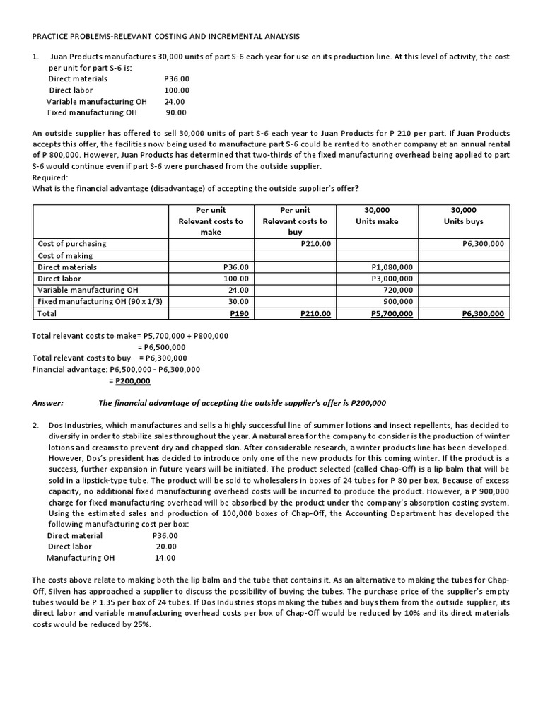 Relevant Costing Practice Problems | PDF | Cost | Market (Economics)