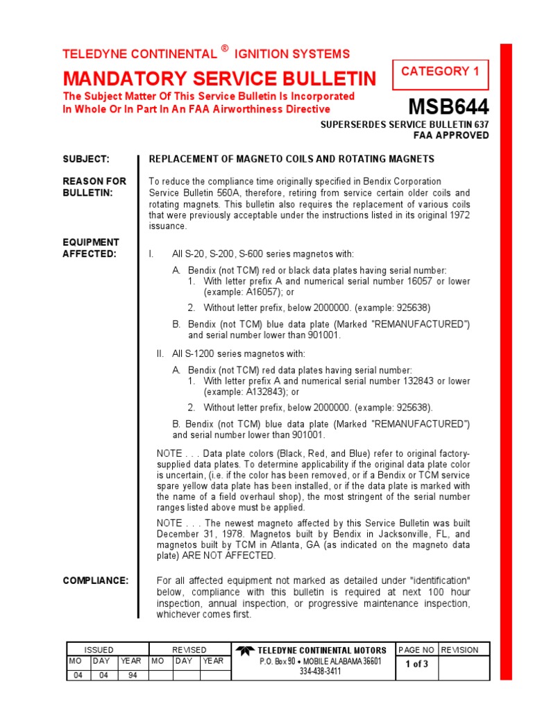Mandatory Service Bulletin: Teledyne Continental Ignition Systems ...