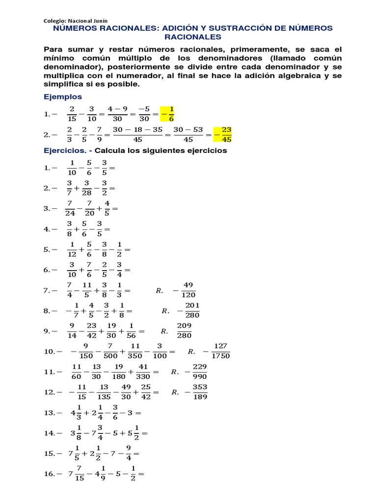 Ejercicios Resueltos de Números Racionales | PDF | Entero | Sustracción