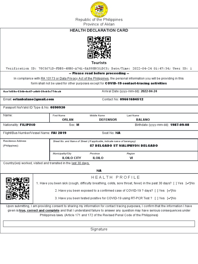 Health Declaration Card: Republic of The Philippines Province of Aklan ...