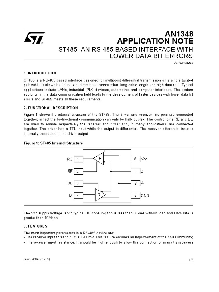 AN1348 Application Note: St485: An Rs-485 Based Interface With Lower Data Bit Errors | PDF ...