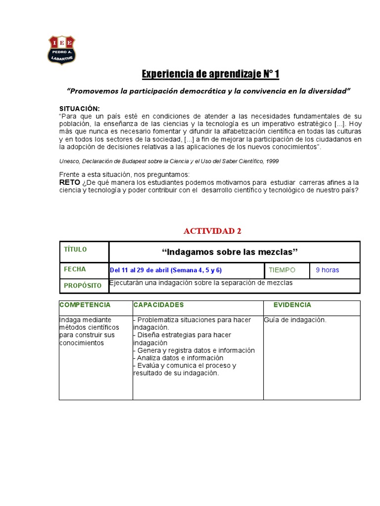 Experiencia de Aprendizaje #1: "Promovemos La Participación Democrática y La Convivencia en La ...