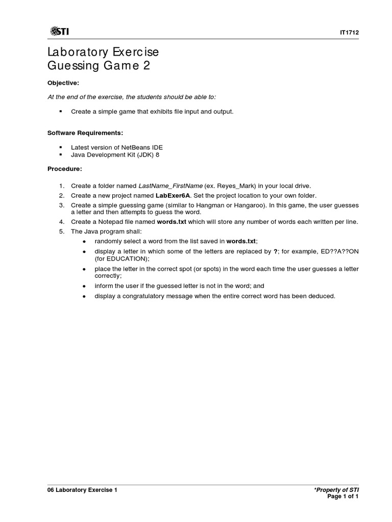Laboratory Exercise Guessing Game 2 Objective Pdf