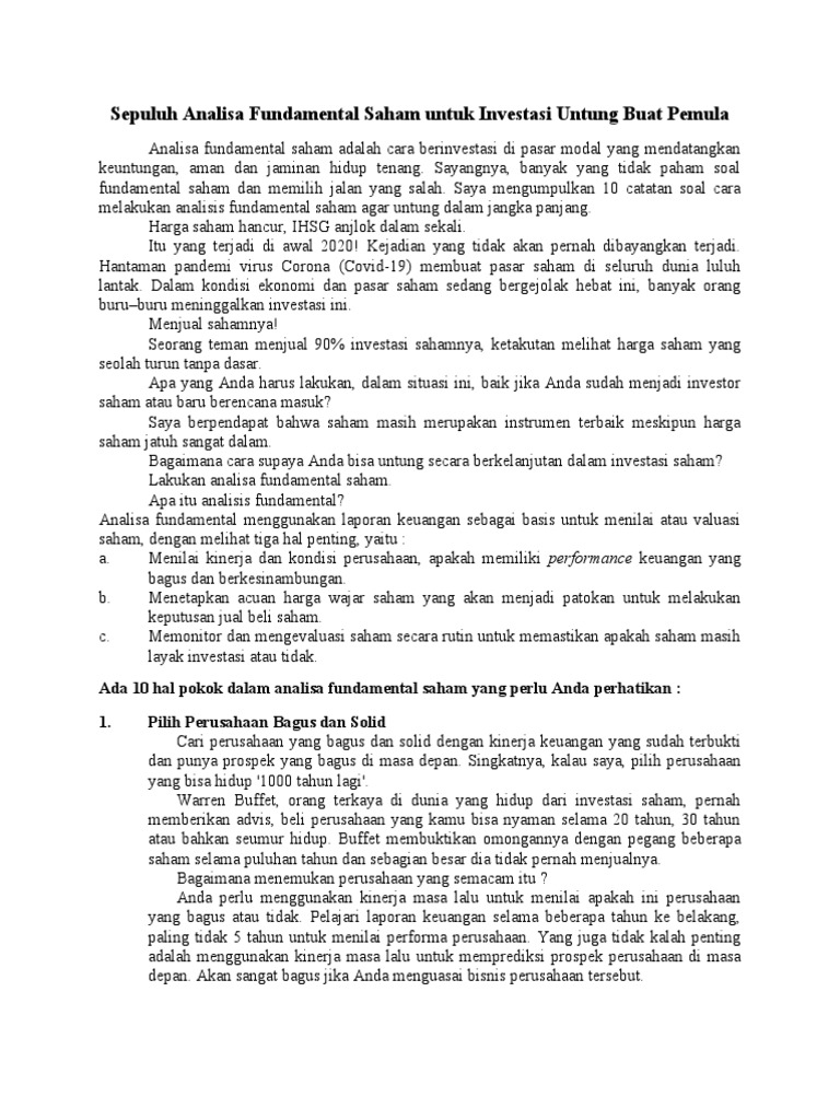 Panduan Analisis Fundamental Saham Pemula | PDF