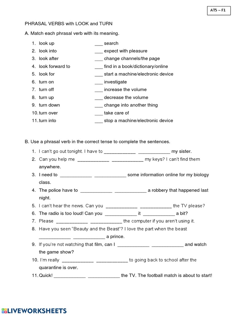 Phrasal Verbs With Look and Turn OPTIMISE B1 UNIT 1 | PDF Phrasal Verbs With Look and Turn OPTIMISE B1 UNIT 1 | PDF
