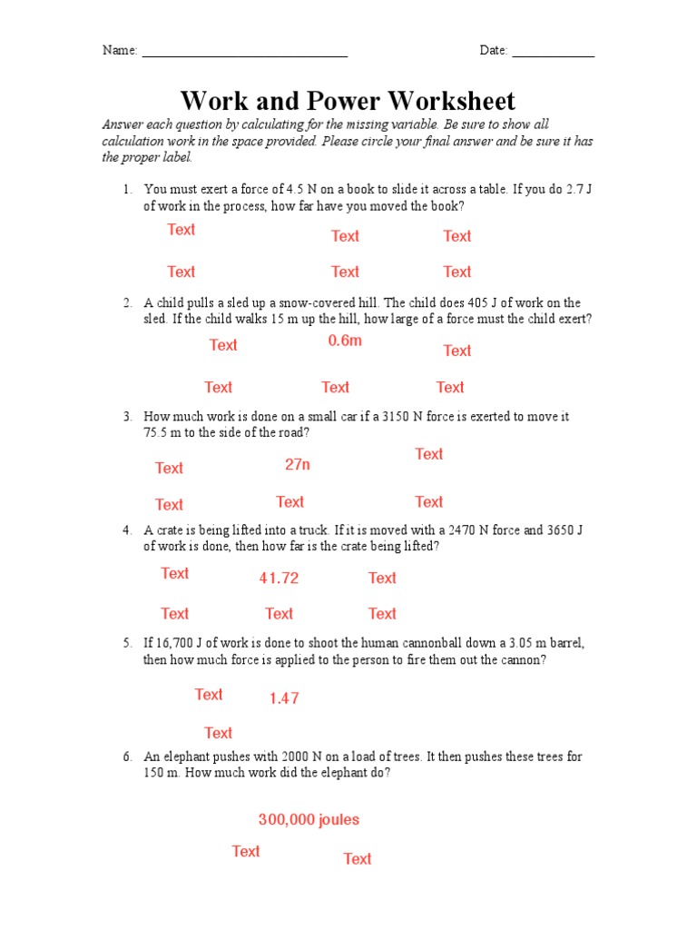 Work and Power Worksheet: Text Text Text Text Text Text | PDF | Force ...