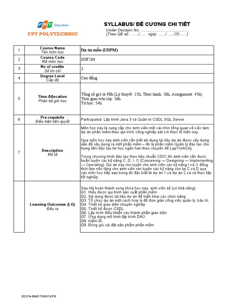 SOF204 - Du An Mau (UDPM) - Syllabus - Fall18 | PDF