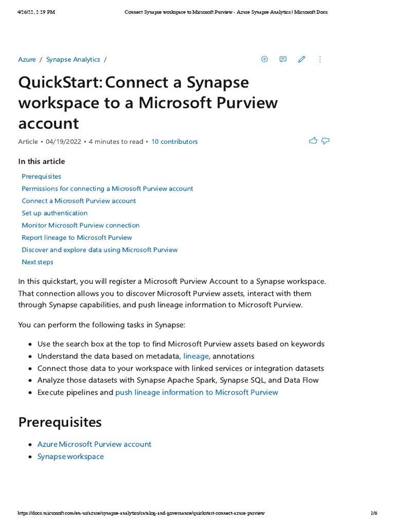 Connect Synapse Workspace To Microsoft Purview Azure Synapse Analytics Microsoft Docs Pdf 