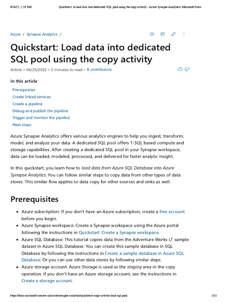 Quickstart - To Load Data Into Dedicated SQL Pool Using The Copy ...