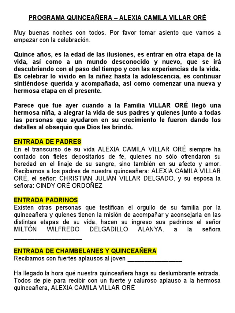 Programa para Maestro de Ceremonia Quinceanera CAMILA - 052527 | PDF