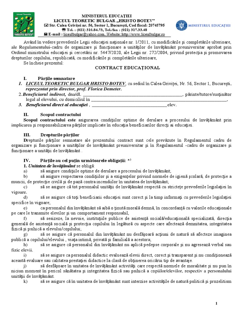 Model Contract Educational - Anexa ROFUIP 2021 | PDF