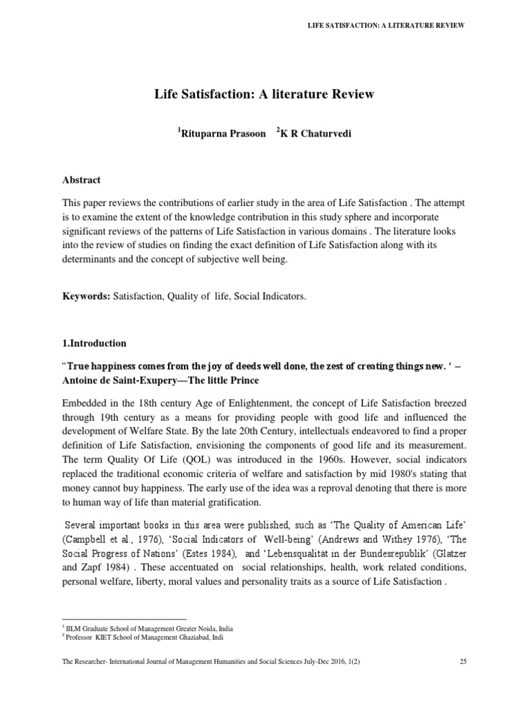 Life Satisfaction: A Literature Review: Rituparna Prasoon K R ...